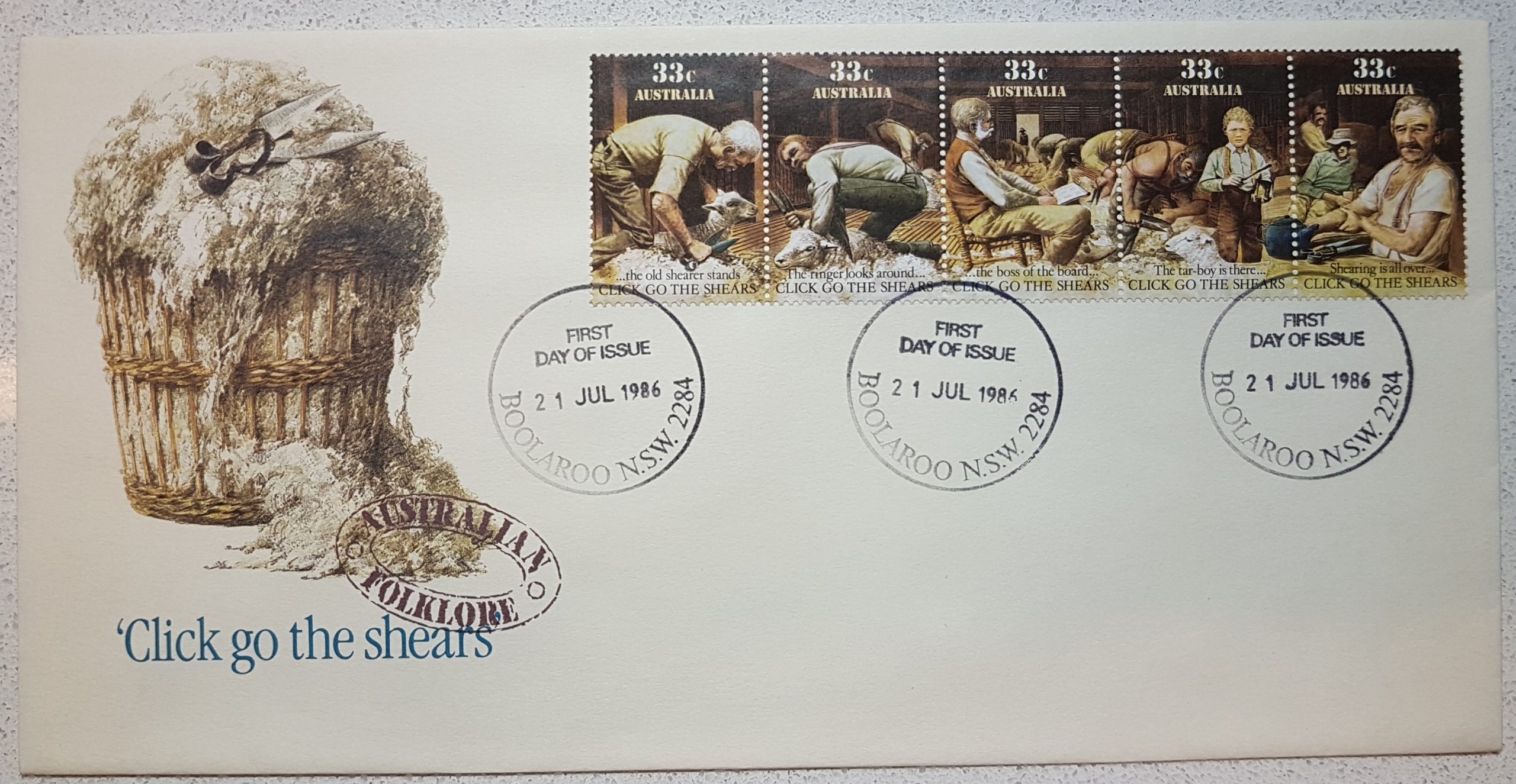 @1986 Australia Click Goes the Shears FDC – TC Stamps & Coins