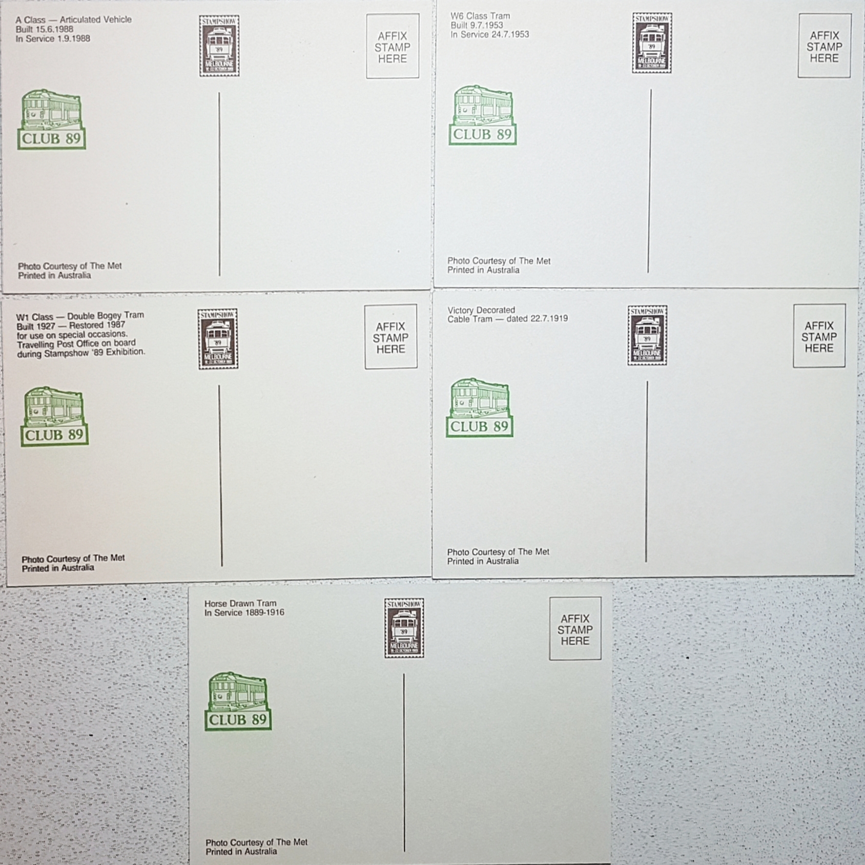 1989 Australia Commemorating Stamp Show Trams Set x 5 – TC Stamps & Coins